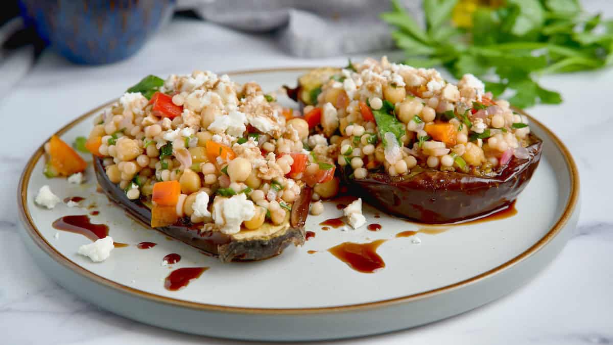Mediterranean Roasted Eggplants With Couscous & Chickpeas | Mamazilla
